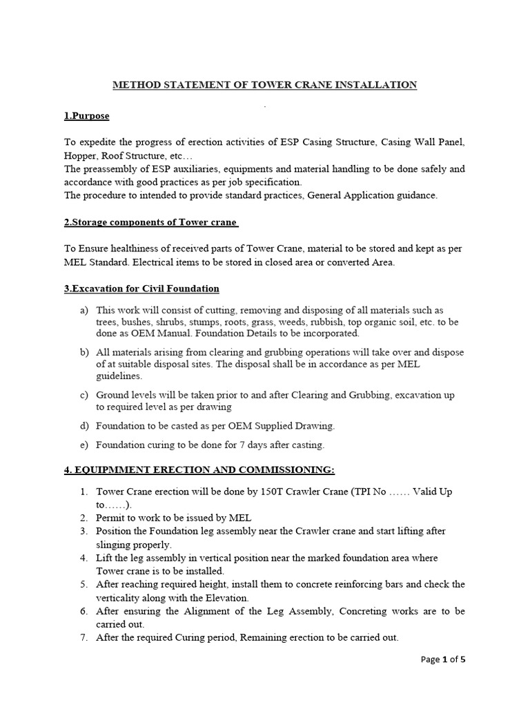 Method Statement of Tower Crane Erection | Download Free PDF | Crane (Machine) | Personal ...