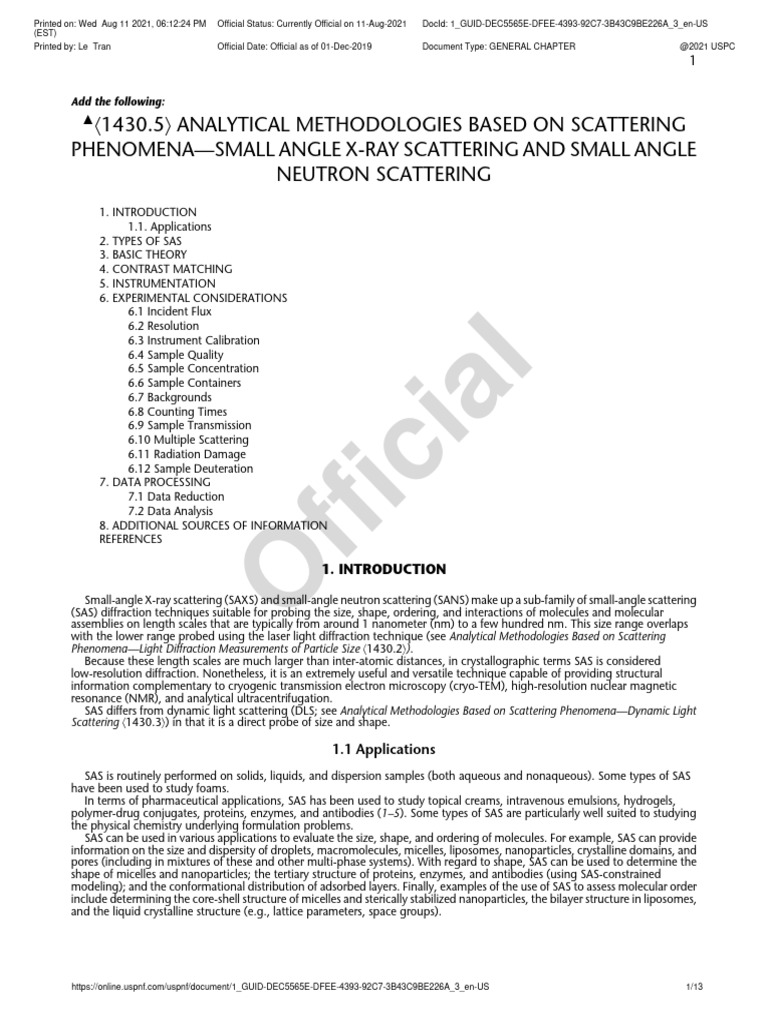 〈1430.5〉 Analytical Methodologies Based on Scattering Phenomena-Small Angle X-ray Scattering and ...