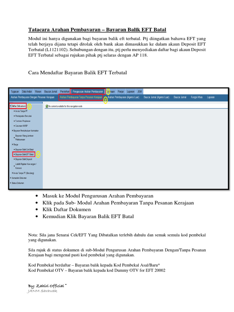 Tatacara Arahan Pembayaran Bayaran Balik EFT Batal | PDF