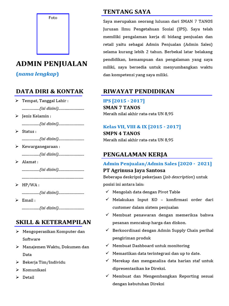 1 CV Admin Penjualan (Admin Sales) Yang Punya Pengalaman Kerja (Experience) | PDF | Bisnis ...