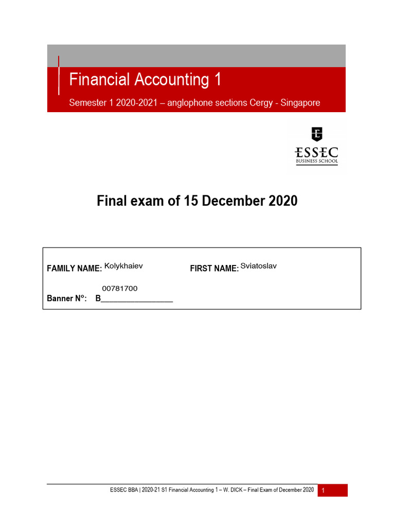 ESSEC BBA Financial Accounting Exam 2020 | PDF | Depreciation | Expense