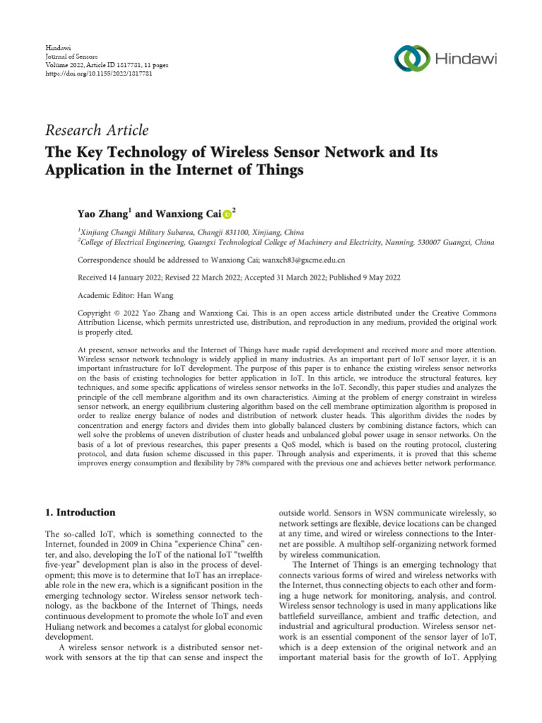 Research Article: The Key Technology of Wireless Sensor Network and Its Application in The ...