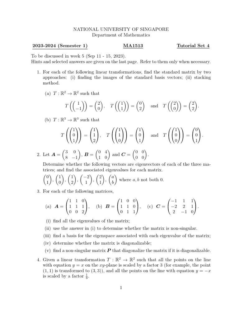 Tutorial Set 4 | PDF | Eigenvalues And Eigenvectors | Matrix (Mathematics)