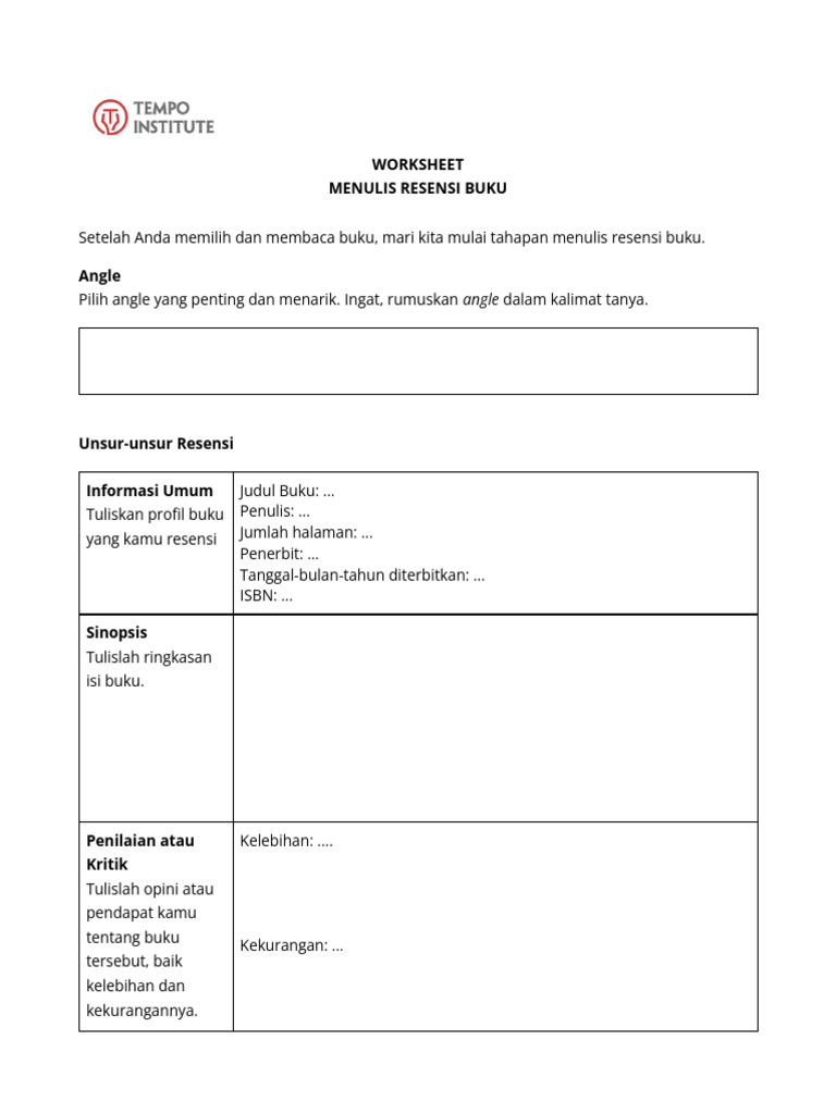 Worksheet Menulis Resensi Buku Copy 2 Pdf