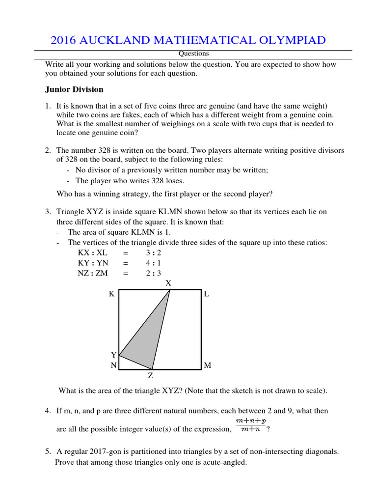 2016 Auckland Mathematical Olympiad QandAs | PDF | Area | Triangle