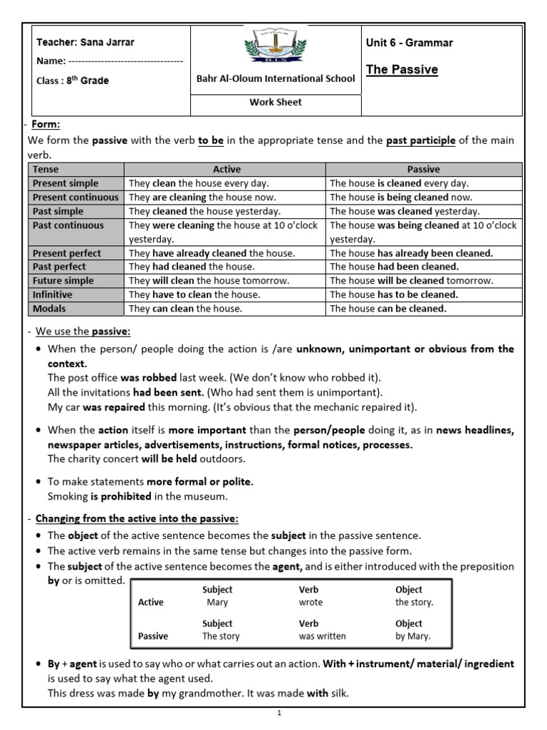 8th Grade- Unit 6- The passive | PDF | Subject (Grammar) | Verb