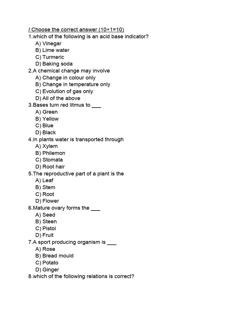 Science Quiz: Acid-Base and Motion Concepts | PDF | Flowers | Plants