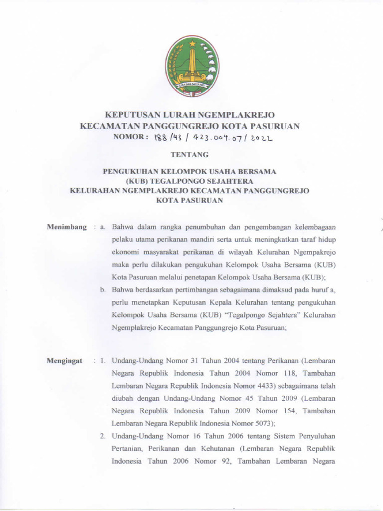 SK Lurah Tegalpongo Sejahtera | PDF