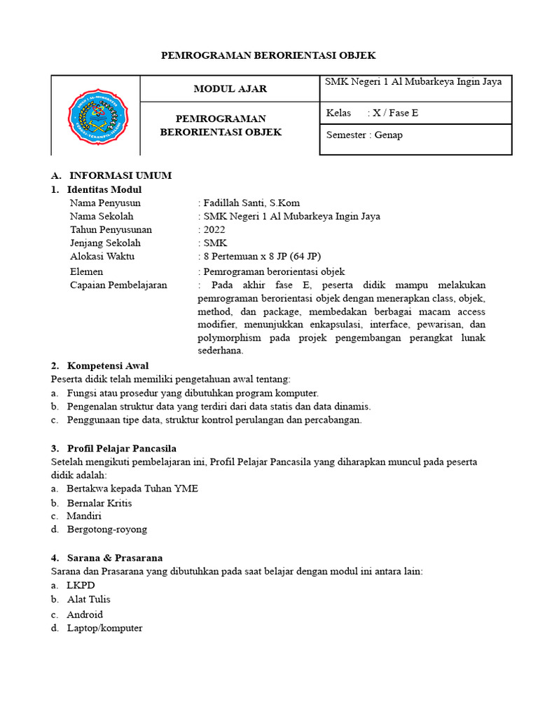 Modul Ajar Pemrograman Berorientasi Objek | PDF