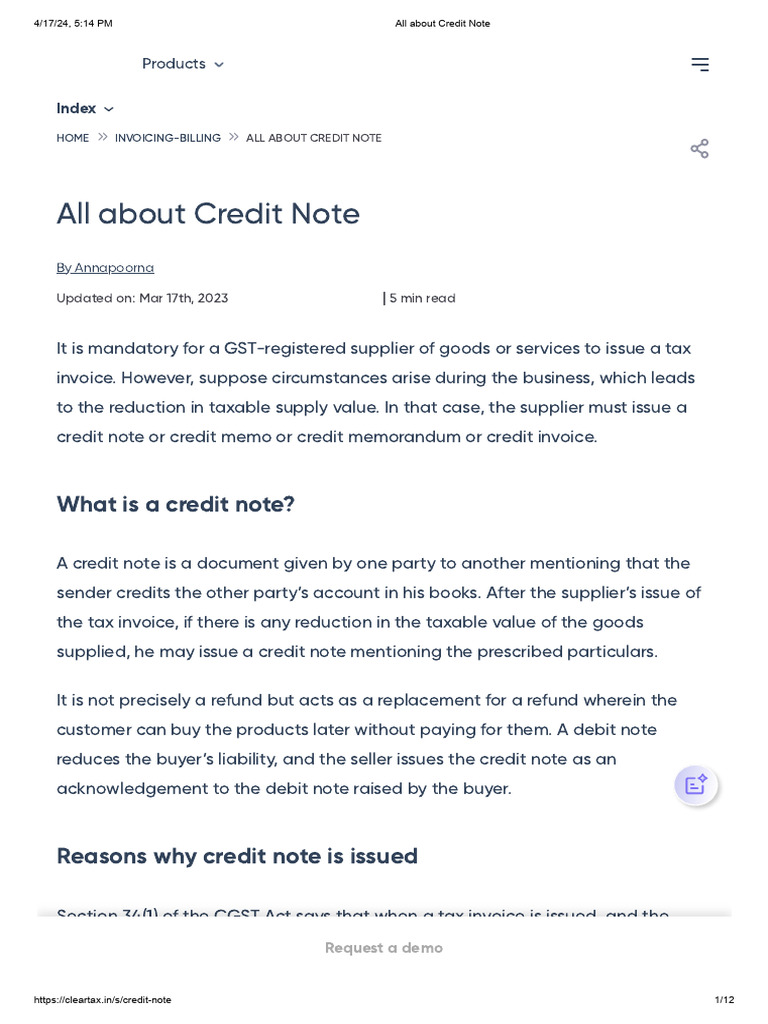 All About Credit Note | PDF | Invoice | Taxes