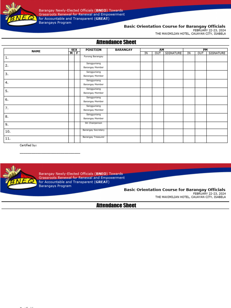 Attendance-Sheet-BNEO | PDF