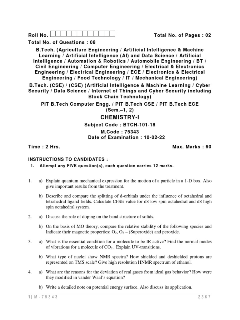 Feb. 2022 Ptu Paper | PDF | Chemical Reactions | Atomic Orbital