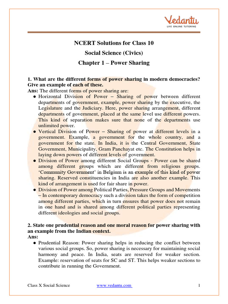 NCERT Solutions For Class 10 Social Chapter 1 Power Sharing | PDF ...