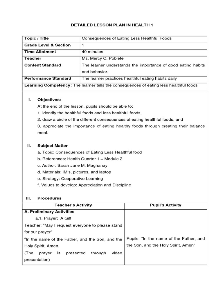 T-PEH LESSON PLAN (HEALTH) Final | PDF | Learning | Lesson Plan