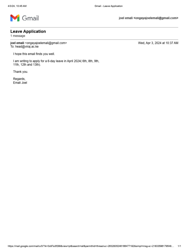 Gmail - Leave Application | PDF