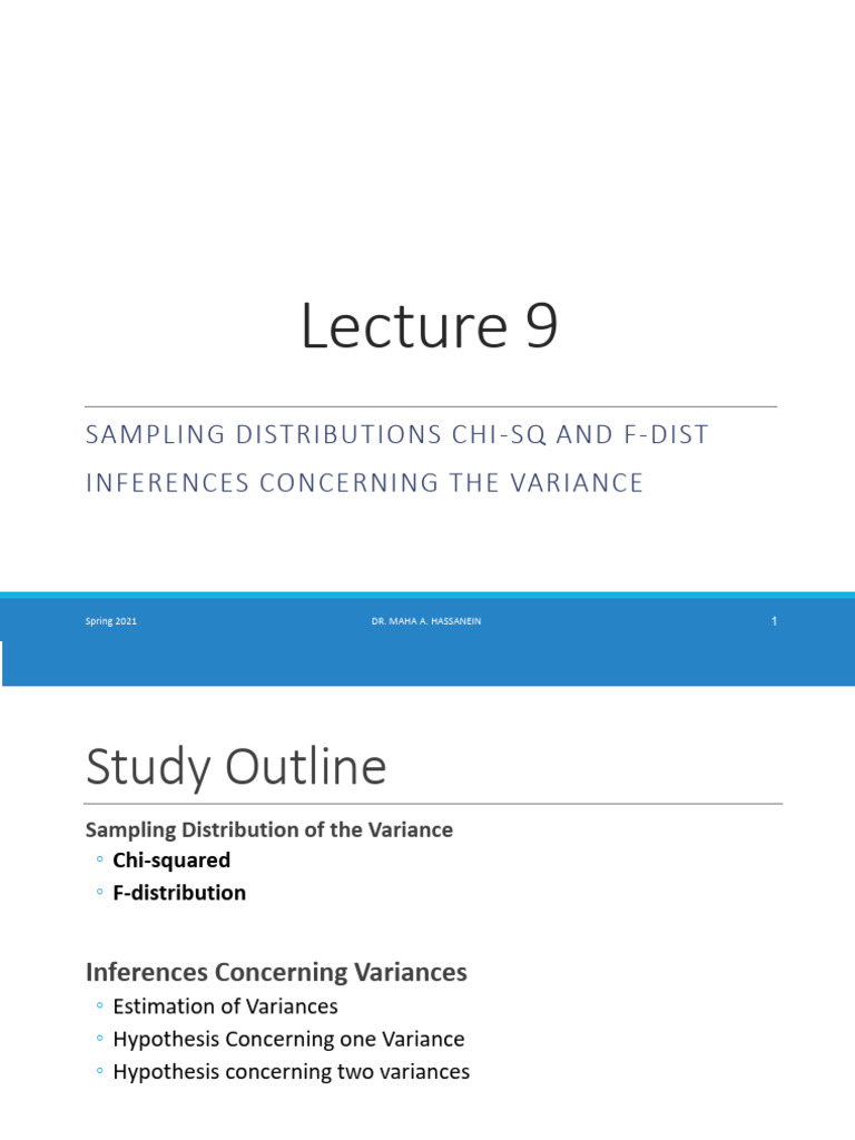 Lecture 9 - Adv. Inferences Concerning Variance | PDF | Chi Squared Distribution | Variance