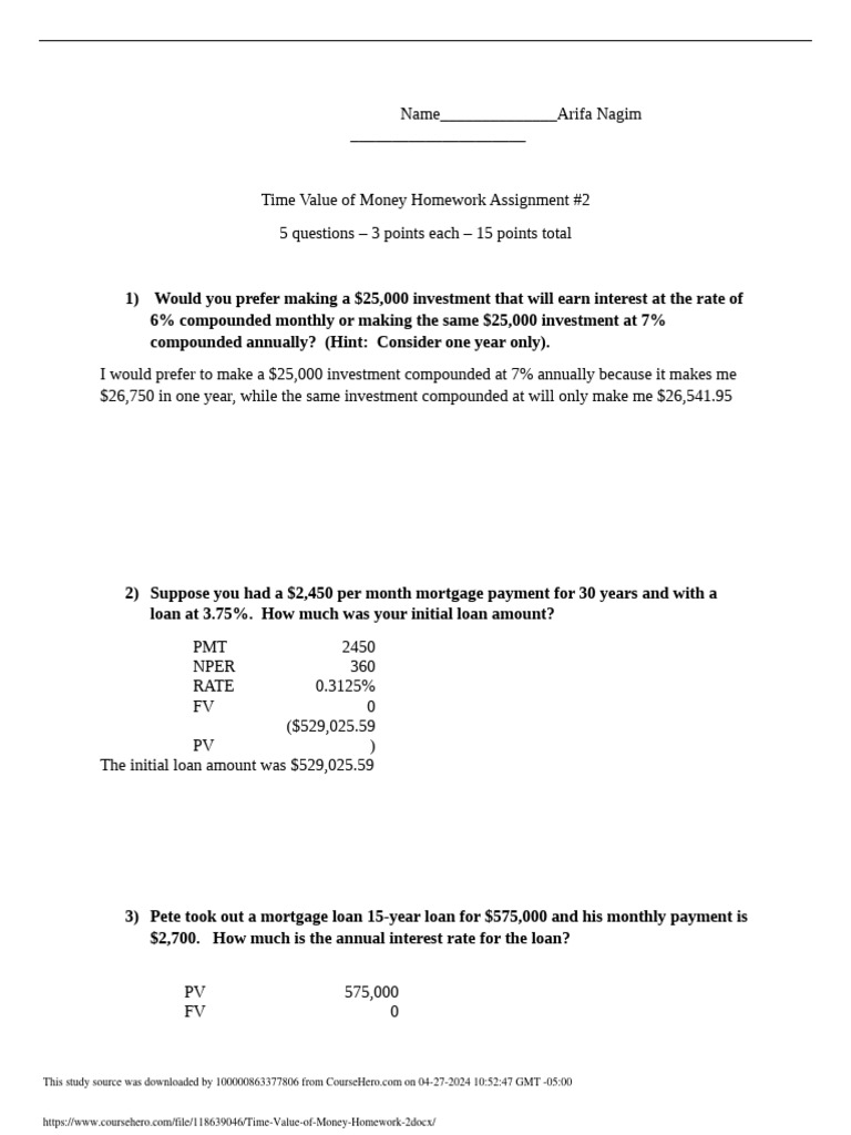 Time Value of Money Homework | PDF | Time Value Of Money | Interest