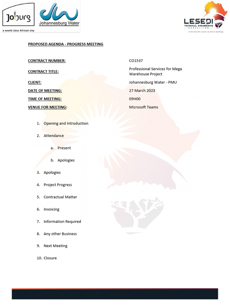 Progress Meeting Agenda - Mega Warehouse | PDF | Business | Computers