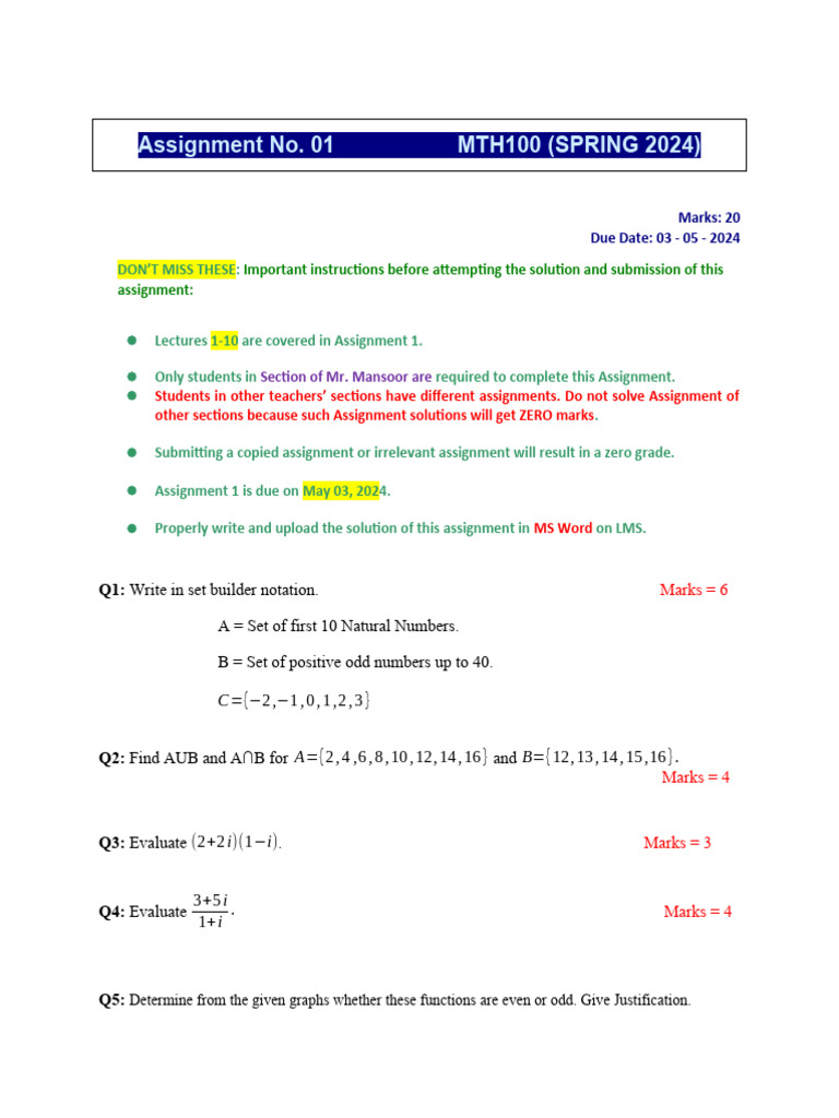 MTH100 Assignment 1 Instructions 2024 | PDF