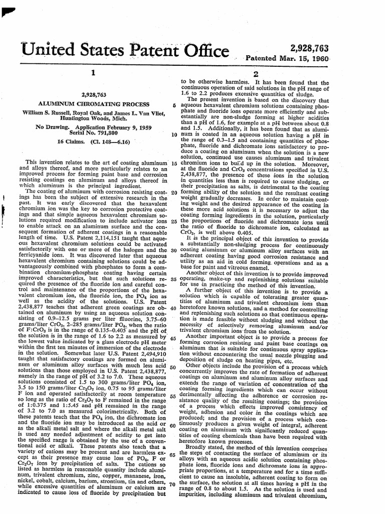 US2928763 - Aluminium Chromating | PDF | Ph | Chromium