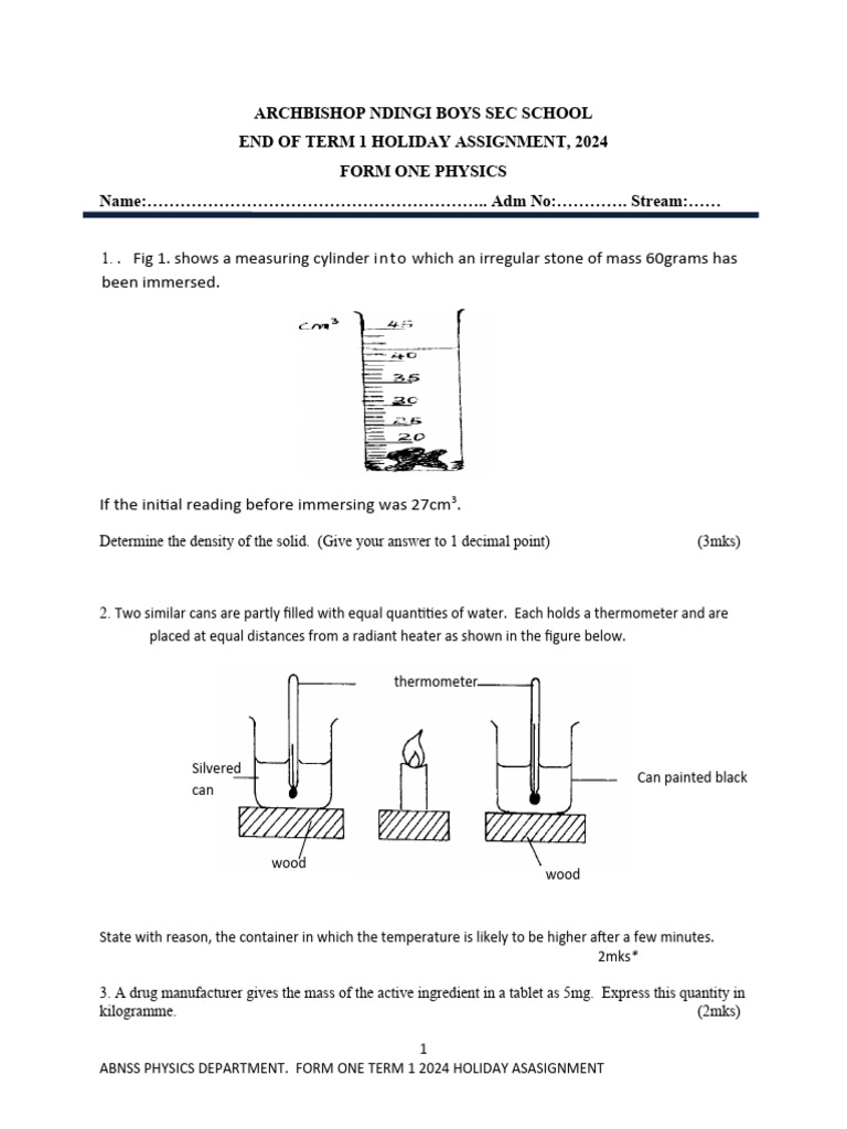 Form One Physic Term 1 2024 Holiday Assignment | PDF | Gases | Liquids