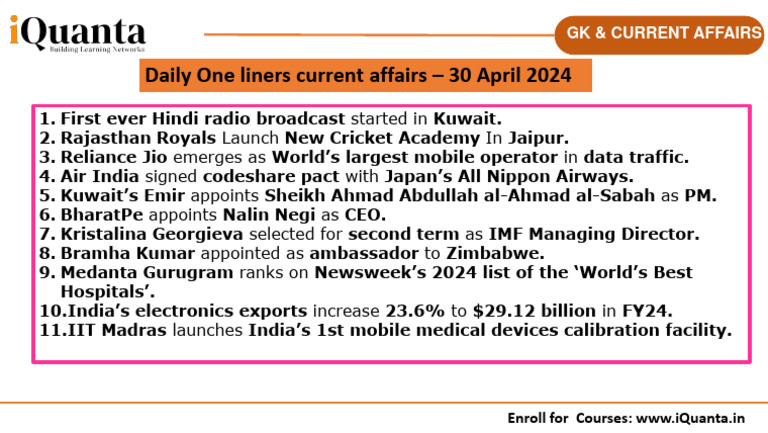 Daily One Liners Current Affairs - 30 April 2024 | PDF | Business