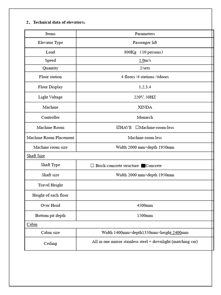2、Technical data of elevators： | PDF | Elevator | Door