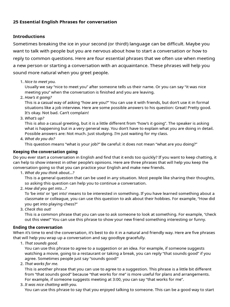 25 Essential English Phrases - LSI | PDF | Question | Conversation