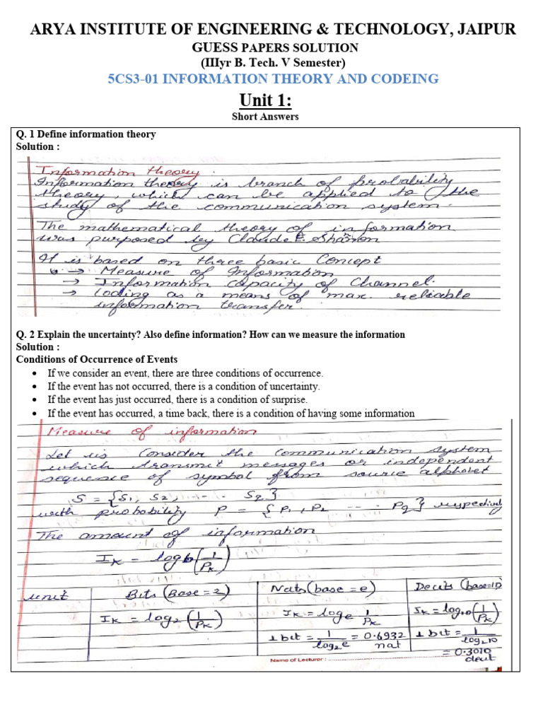 5CS3-01-ITC - Guess Paper @rawcoderz | PDF | Encodings | Mathematics