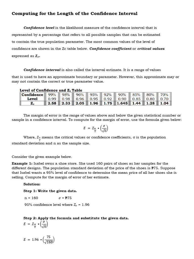 Computing For The Length of The Confidence Interval | PDF | Confidence Interval | Standard Deviation
