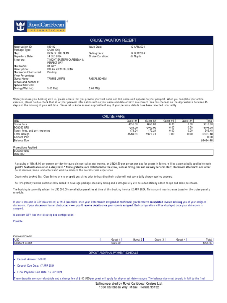 Cruise_Vacation_Receipt | PDF | Cruise Ship