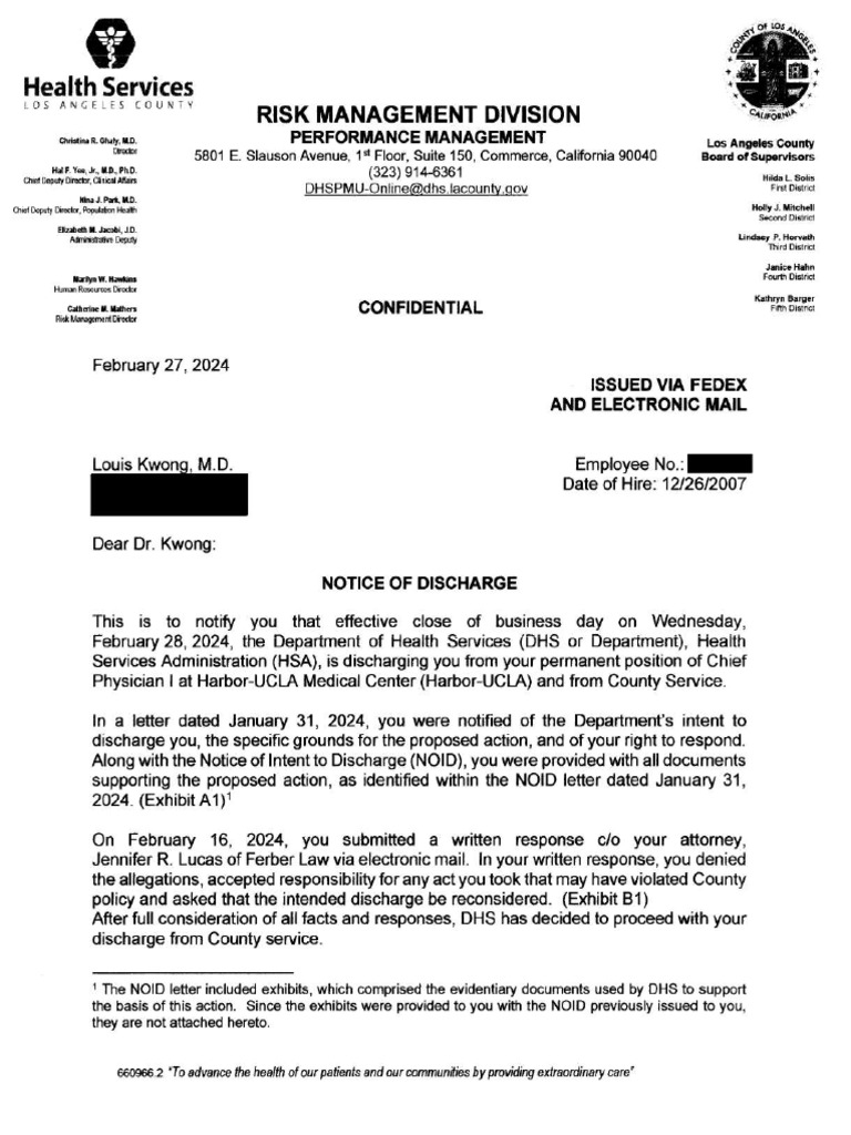 Discharge Notice For Dr. Louis Kwong | PDF | Employment | Disciplines