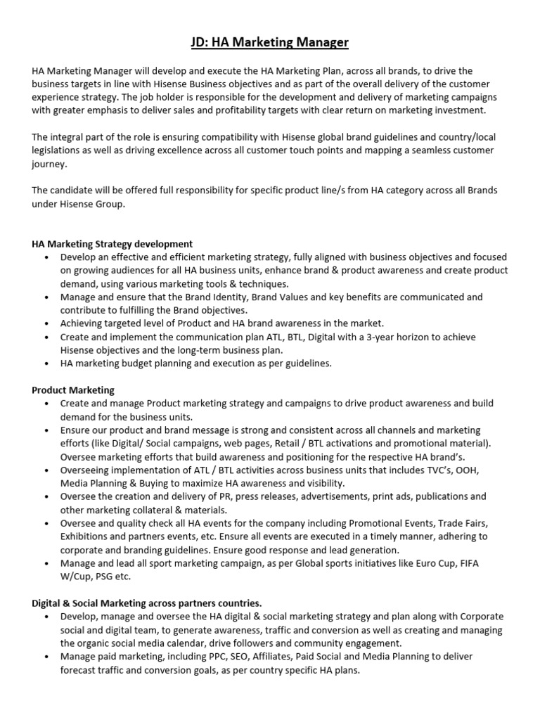 JD Marketing Manager HA 6.7.2023 | PDF | Marketing | Brand