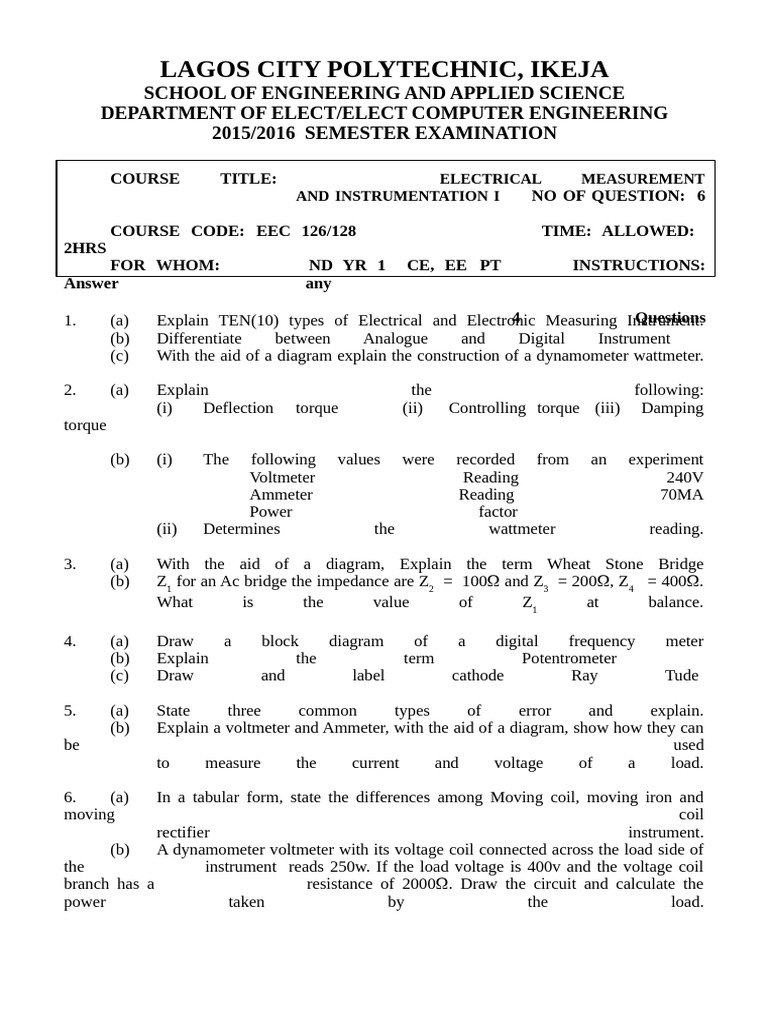 EEC 126 Electrical Measurement Exam | PDF | Electricity | Electromagnetism