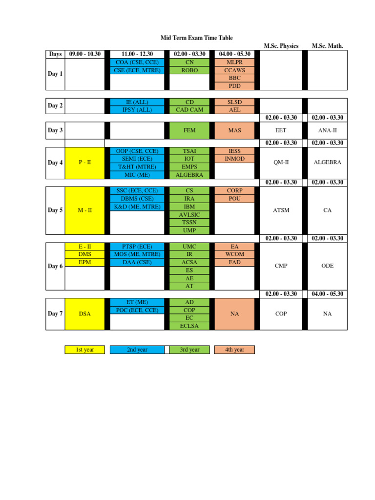 Mid Term Exam Time Table | PDF