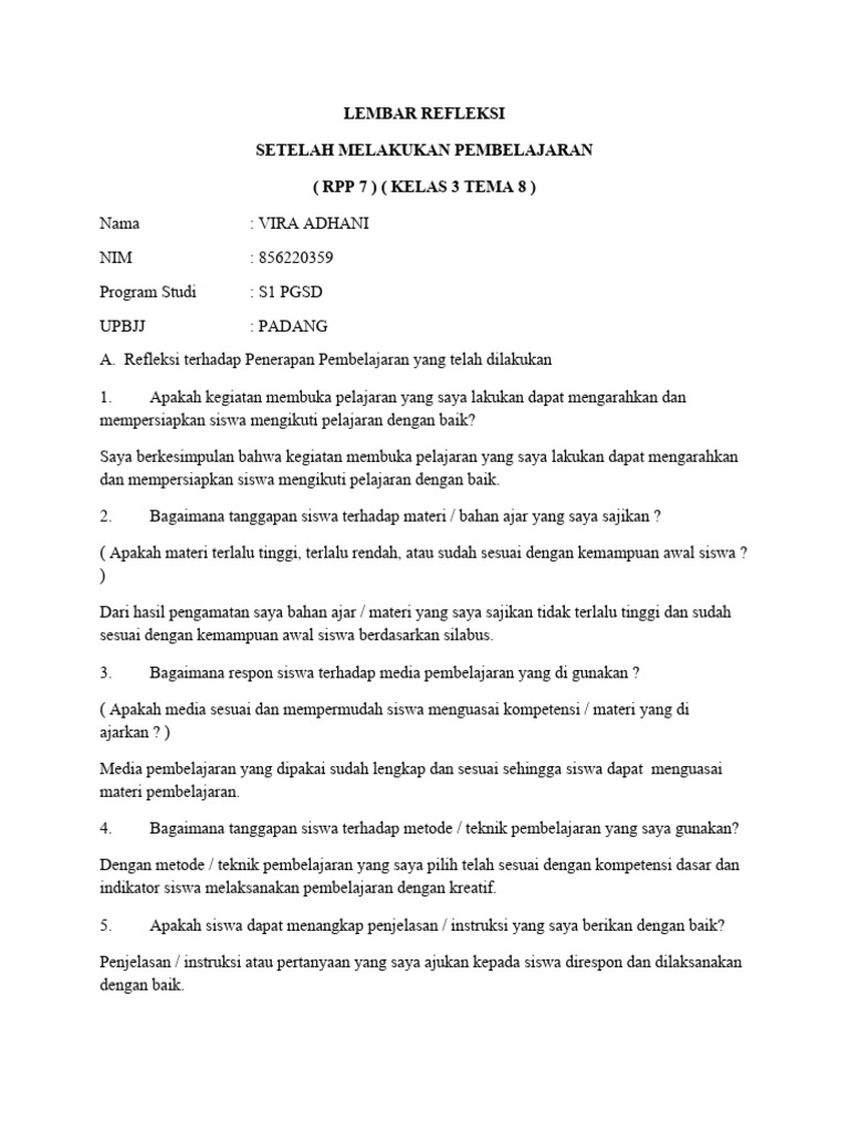 Lembar Refleksi - RPP 7 Dan 8 | PDF