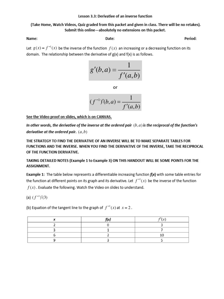 Lesson 3.3 Finding The Derivative of An Inverse Function-1 | PDF | Derivative | Function ...