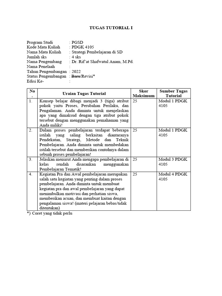 Strategi Pembelajaran SD: Tugas Tutorial | PDF | Bisnis