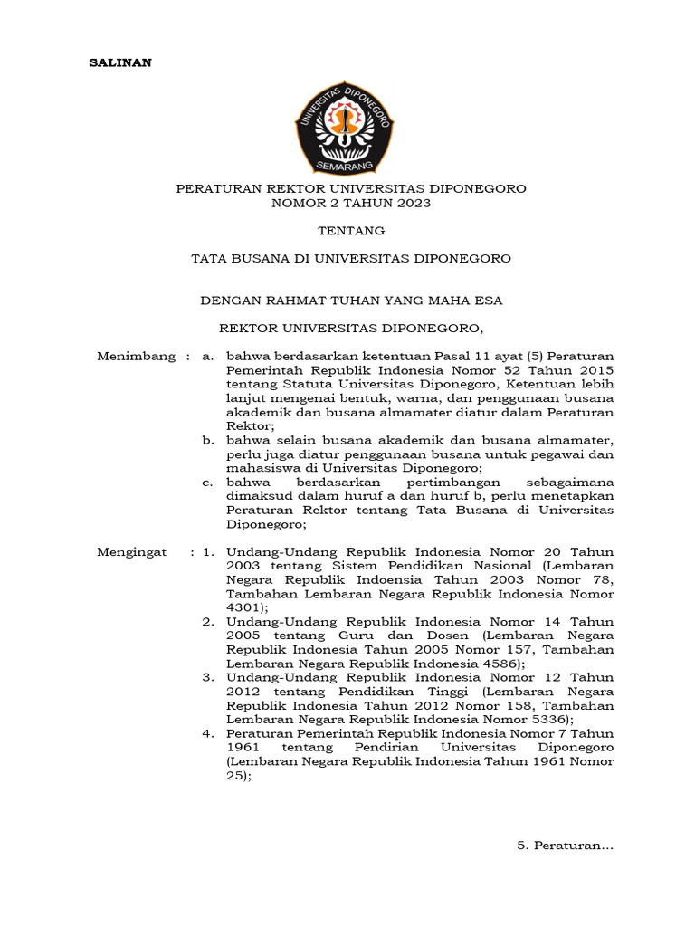 SALINAN Peraturan Rektor Nomor 2 Tahun 2023 tentang Busana Universitas ... SALINAN Peraturan Rektor Nomor 2 Tahun 2023 tentang Busana Universitas ...