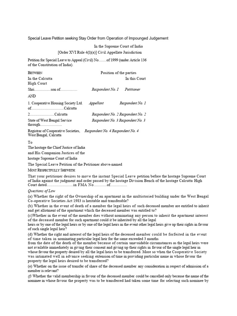 Special Leave Petition Seeking Stay Order From Operation of Impounged ...