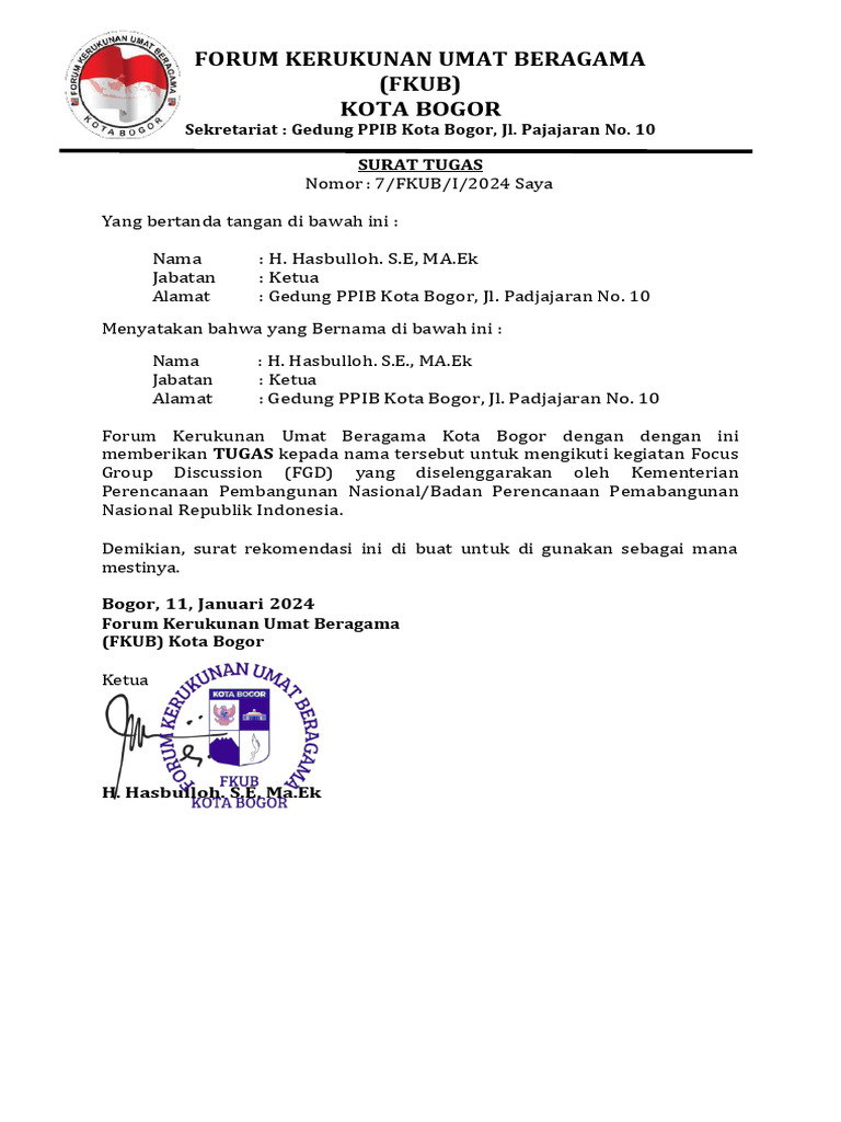 Surat Tugas Ketua Fkub | PDF