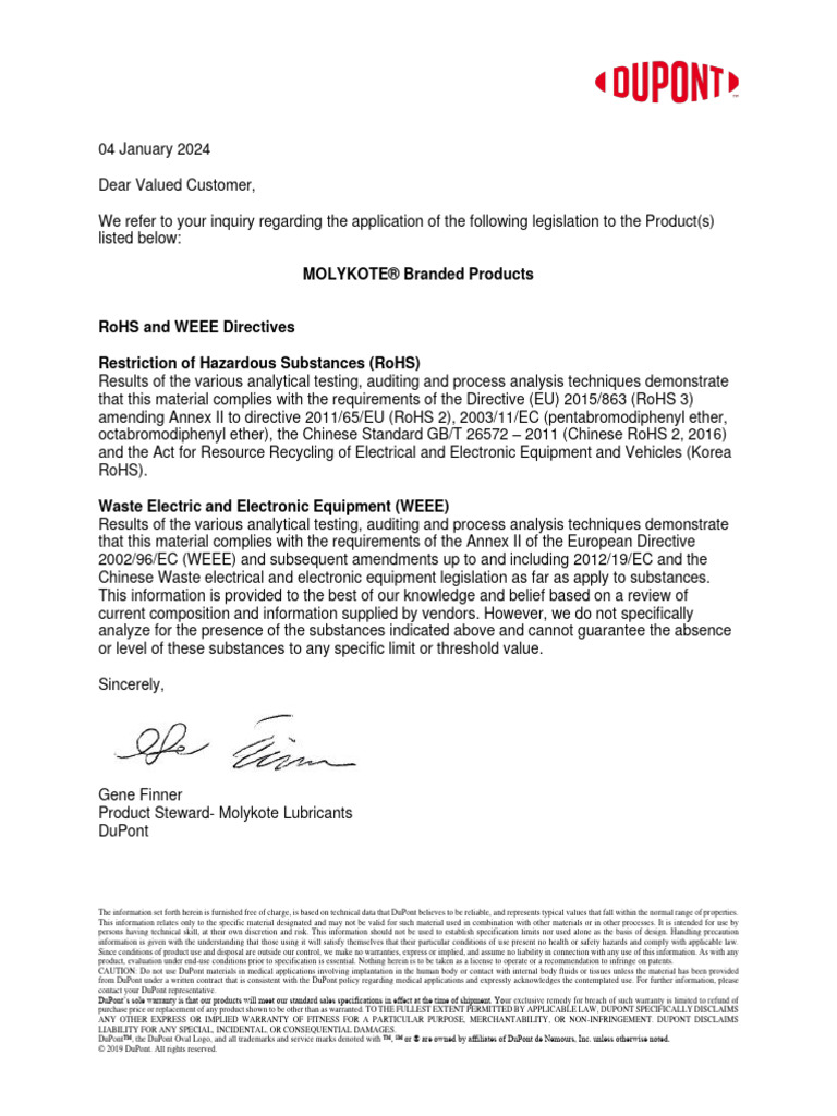 DUPONT Molykote ROHS Letter 2024 | PDF
