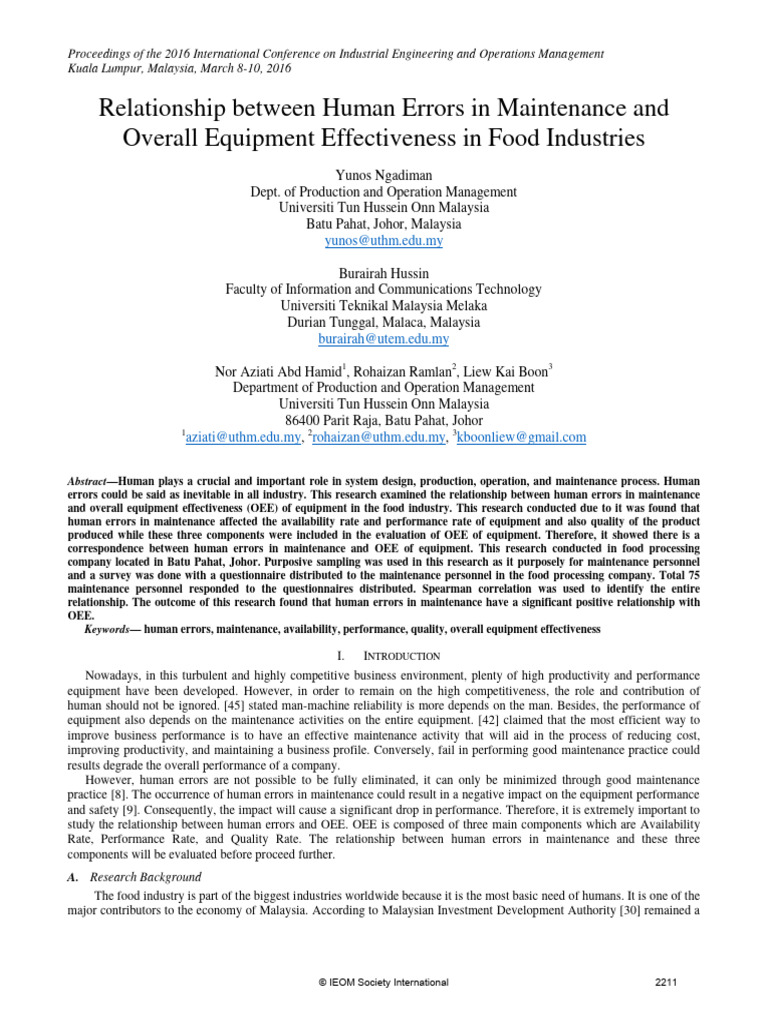 Relationship Between Human Errors in Maintenance and Overall Equipment ...