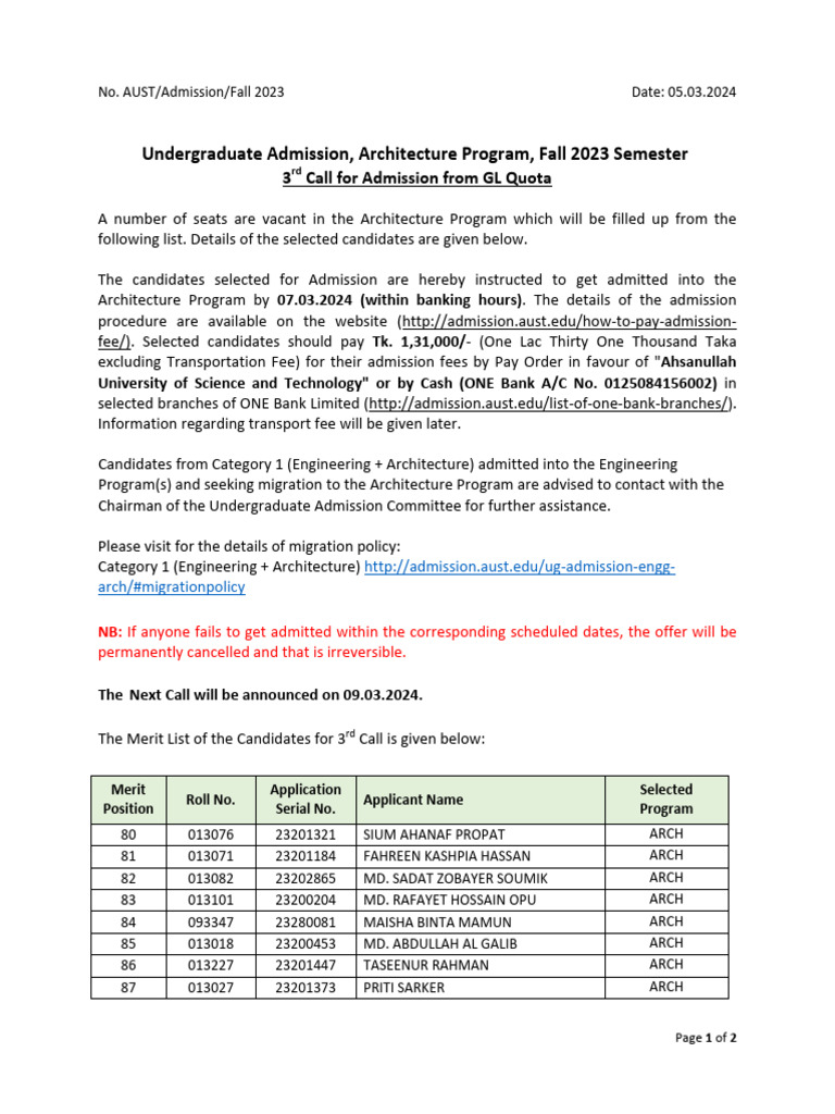 3rd-Call Admission Arch Fall-2023 | PDF | Higher Education | Academia