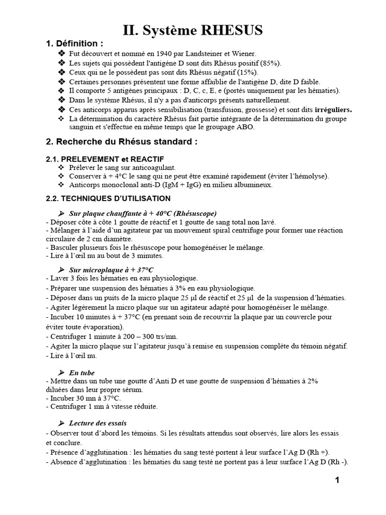 Système Rhésus : Définition et Techniques | PDF | Pathologie clinique ...