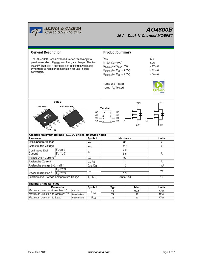 General Description Product Summary: 30V Dual N-Channel MOSFET | PDF | Computer Engineering ...