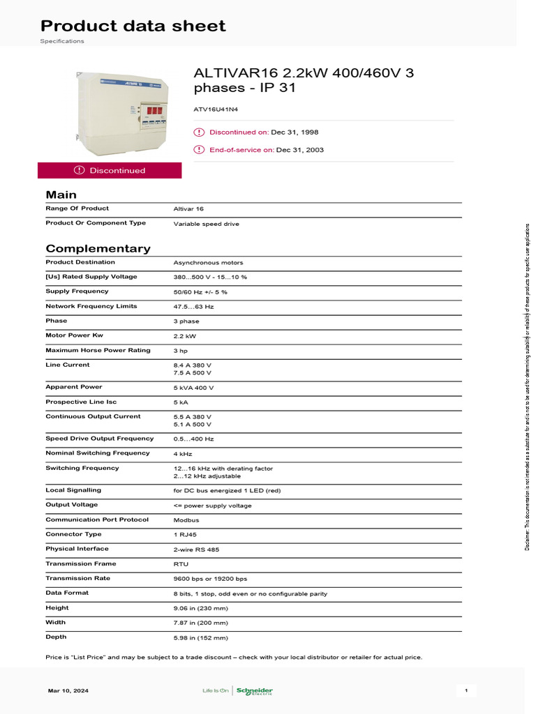 Schneider Electric - Altivar-16 - ATV16U41N4 | PDF | Electric Motor | Hertz