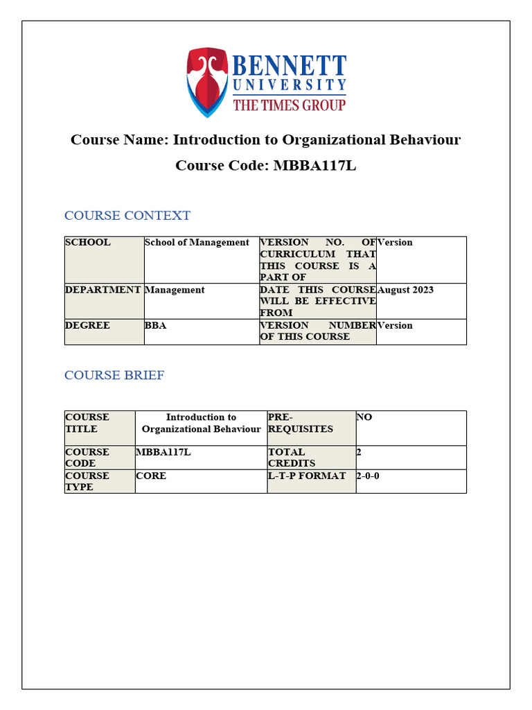 Ob Couse Outline Bba 1st | PDF | Behavior | Organizational Behavior Ob Couse Outline Bba 1st | PDF | Behavior | Organizational Behavior