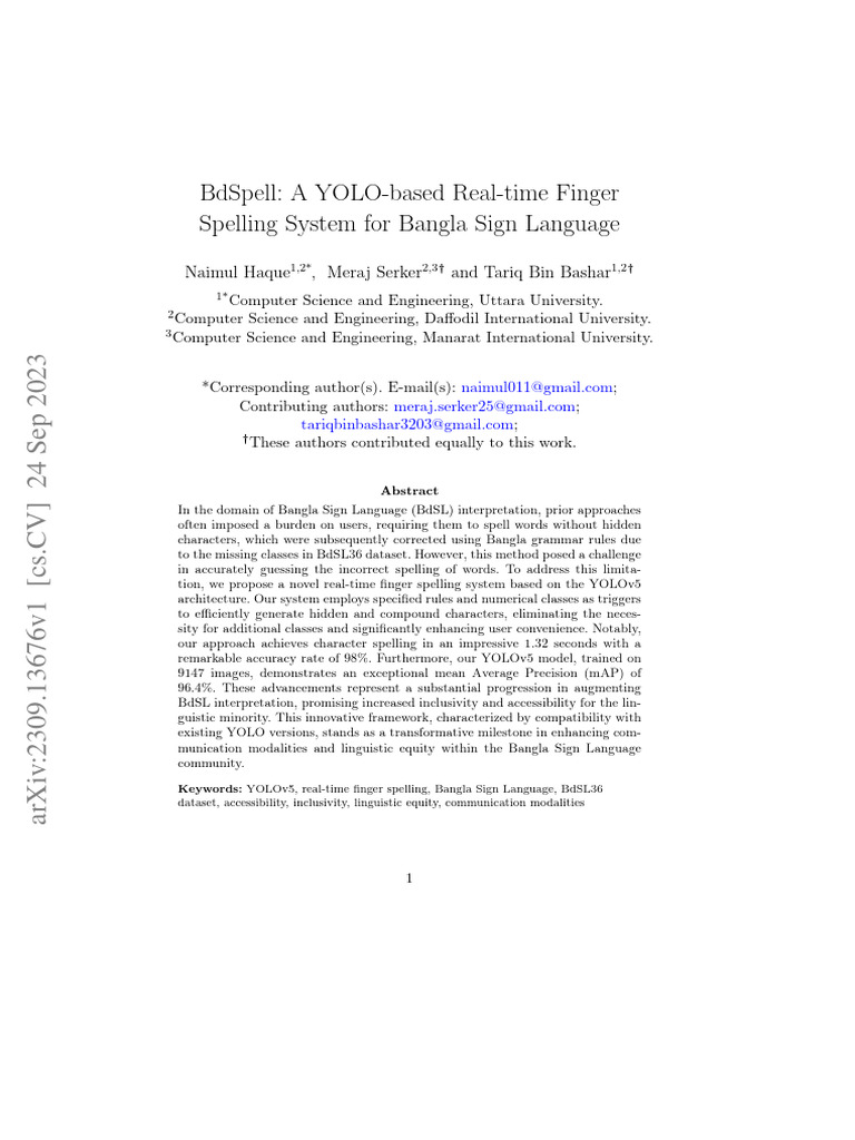 Bdspell: A Yolo-Based Real-Time Finger Spelling System For Bangla Sign Language | PDF ...