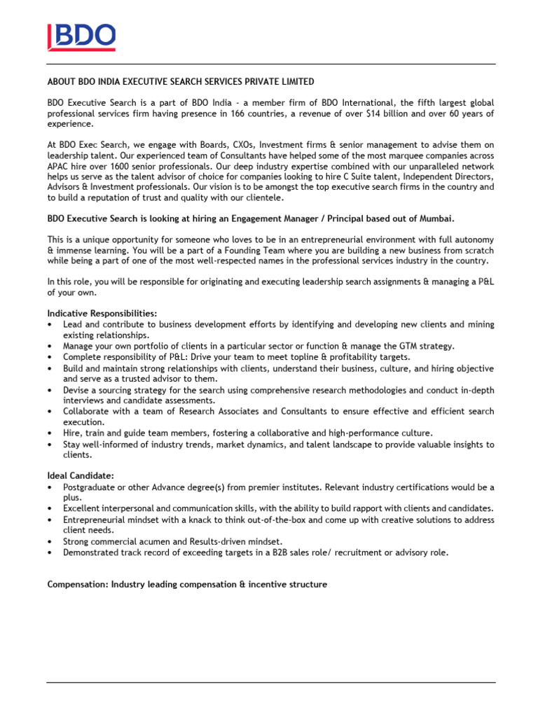 JD For Engagement Manager, Principal - BDO Exec Search | PDF ...